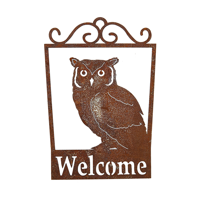 W3987 Rusted Metal Owl Welcome Sign